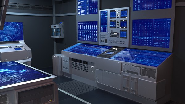 3D модель Научно-фантастическая командная комната с синими операторами ...