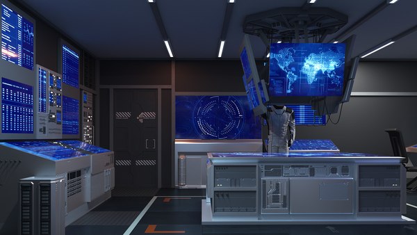 modelo 3d Sala de mando de ciencia ficción con operadores azul ...