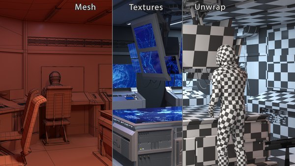 modelo 3d Sala de mando de ciencia ficción con operadores azul ...