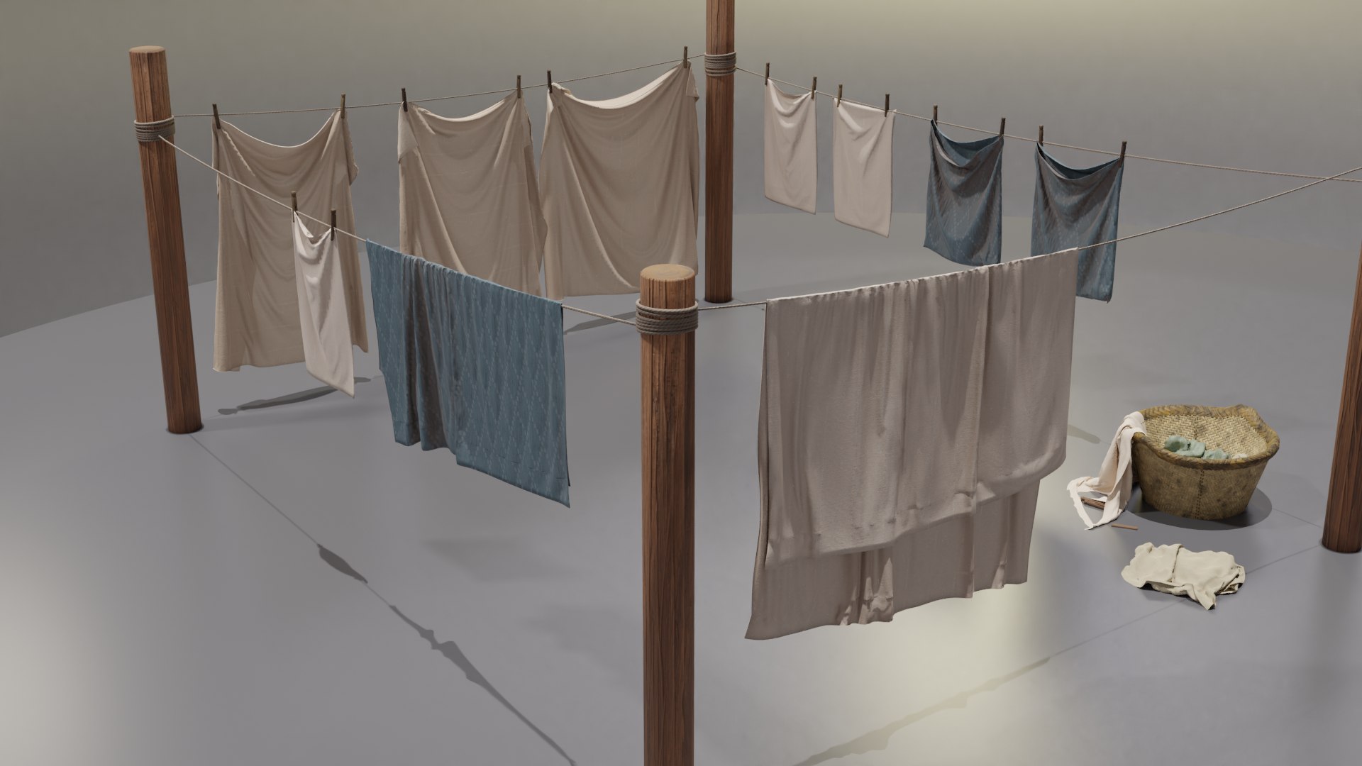 3D Clothes Line With Laundry Basket And Hanging Linens - TurboSquid 1810949