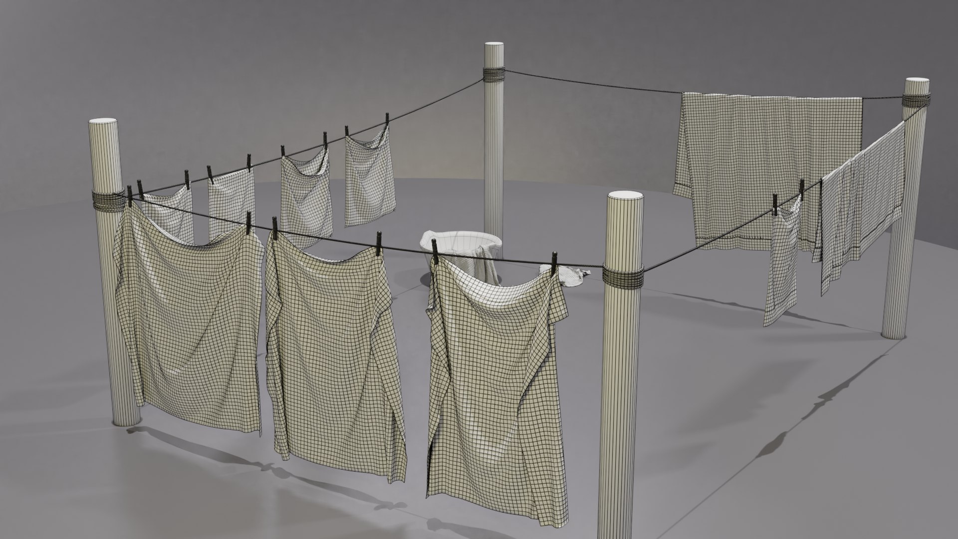 3D Clothes Line With Laundry Basket And Hanging Linens - TurboSquid 1810949