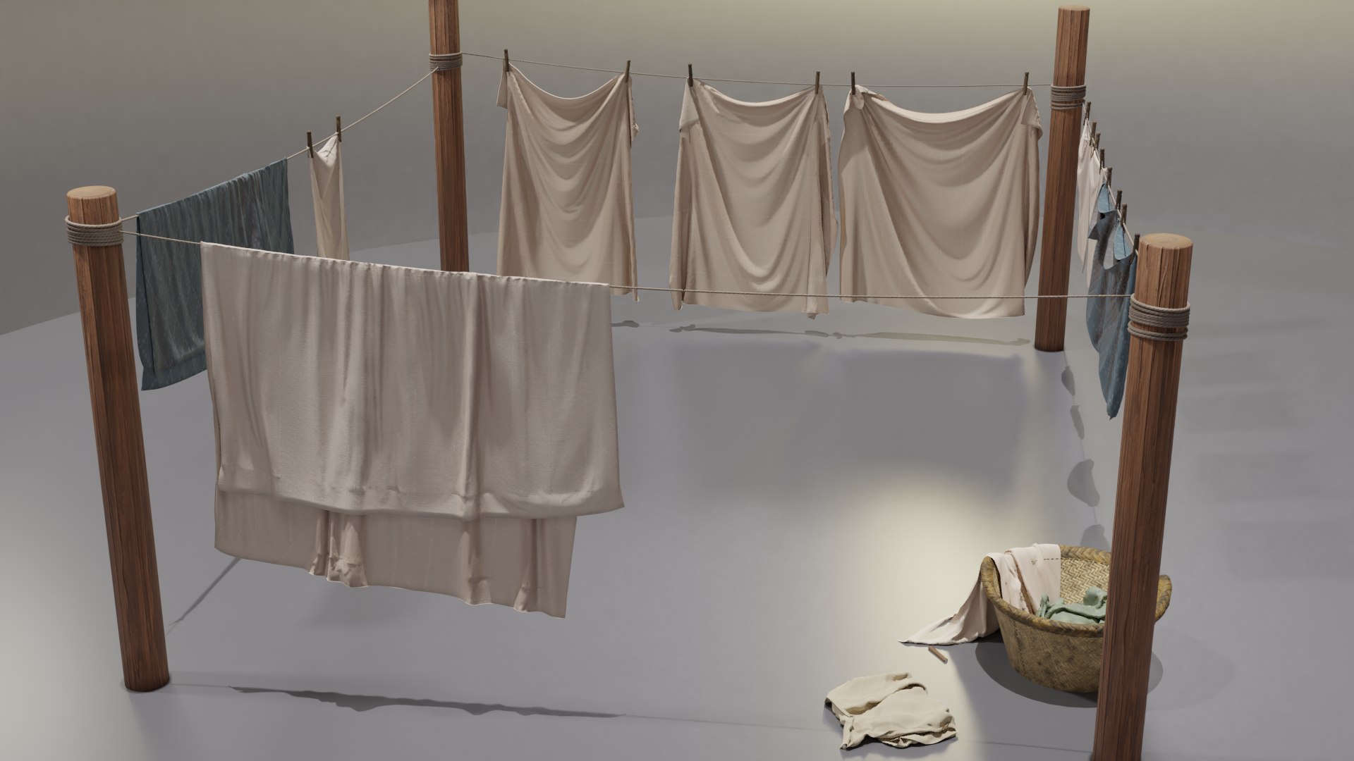 3D Clothes Line With Laundry Basket And Hanging Linens - TurboSquid 1810949