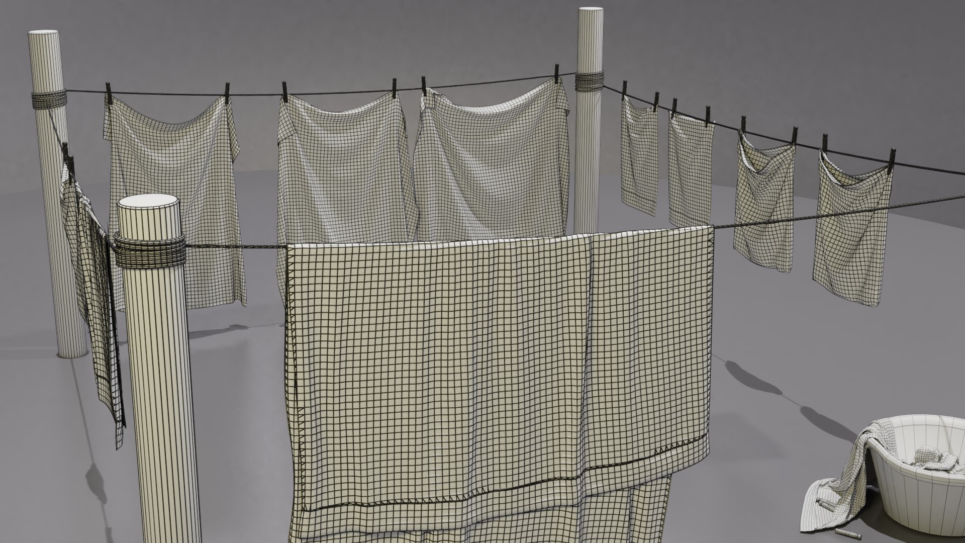 3D Clothes Line With Laundry Basket And Hanging Linens - TurboSquid 1810949