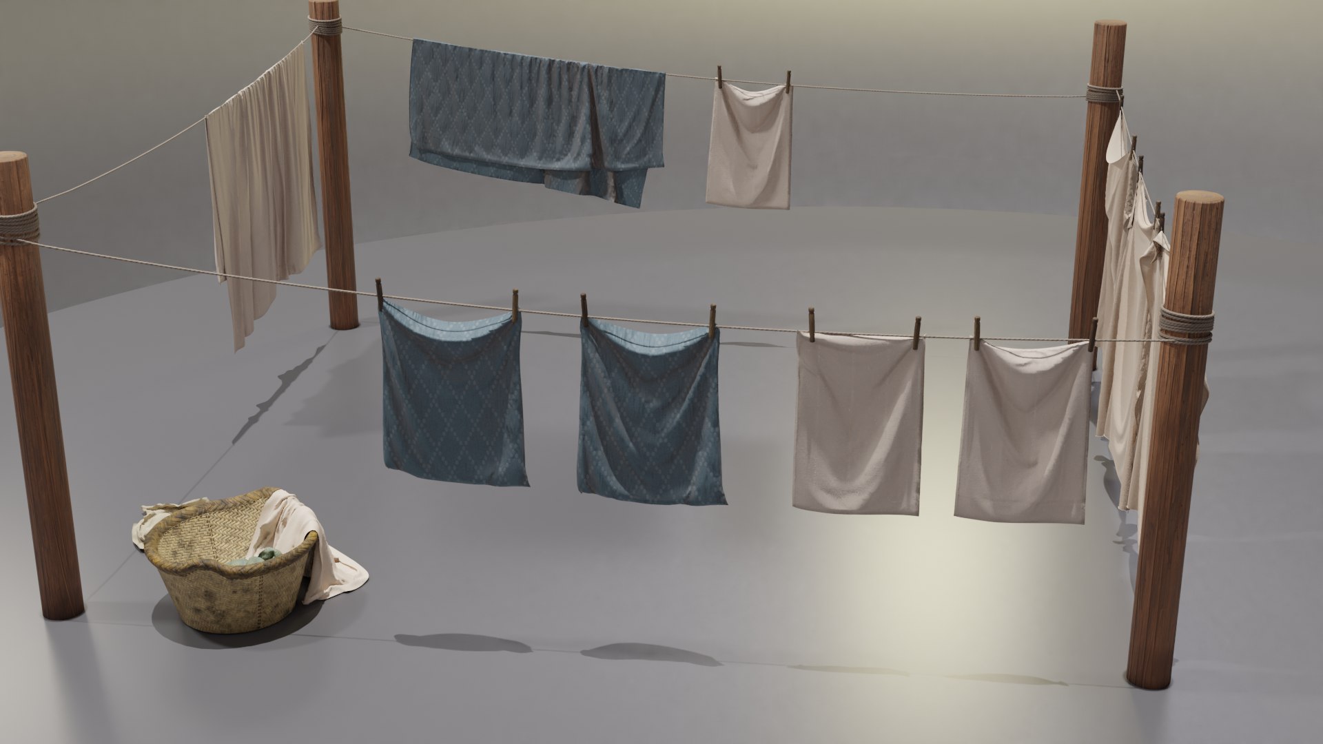 3D Clothes Line With Laundry Basket And Hanging Linens - TurboSquid 1810949