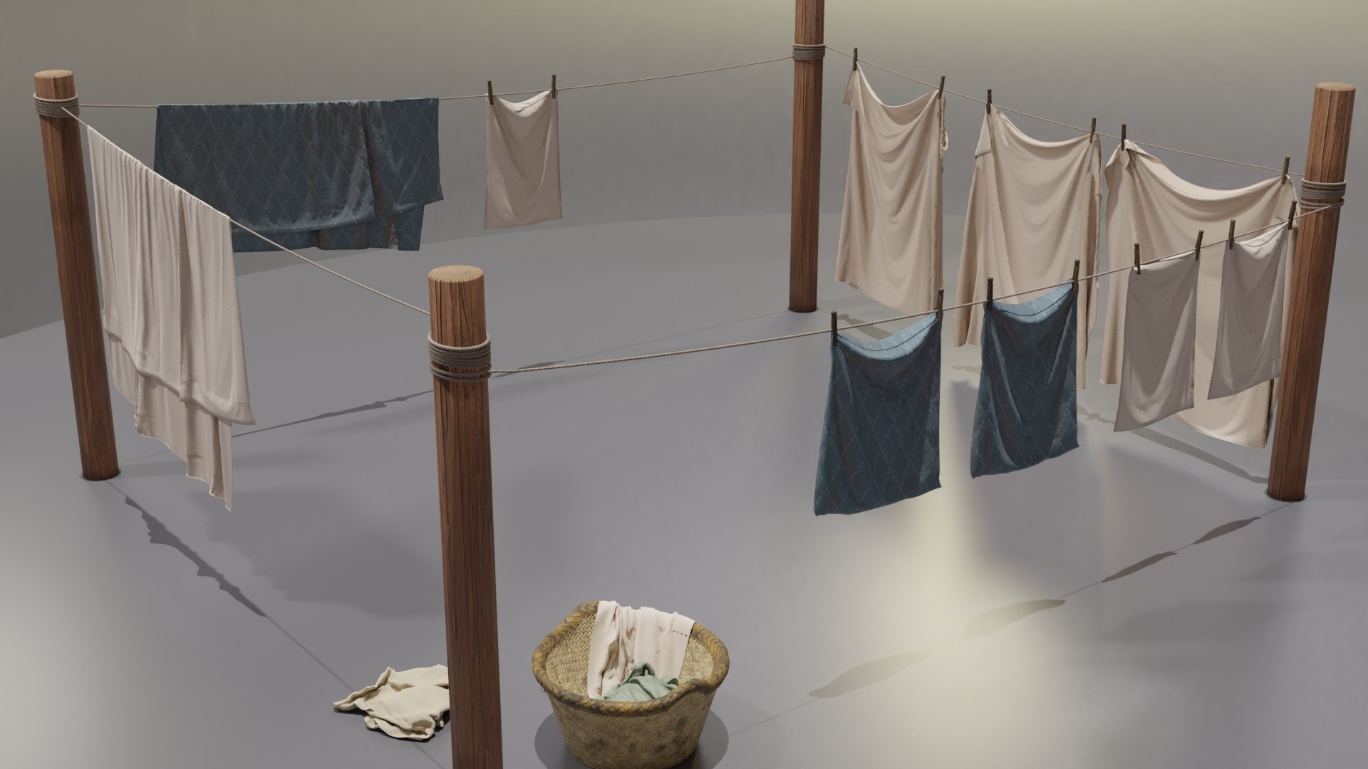 3D Clothes Line With Laundry Basket And Hanging Linens - TurboSquid 1810949