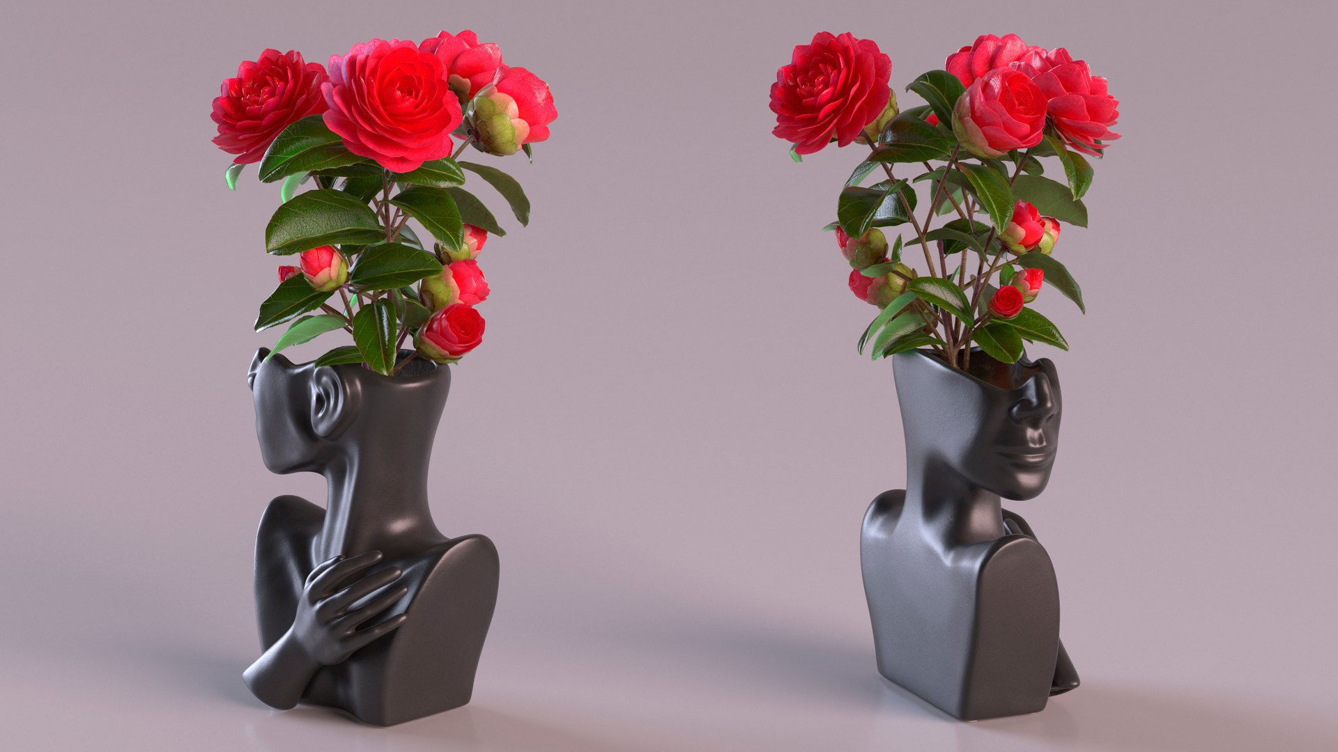 Ceramics Bust Vase Black With Camellia 3D Model - TurboSquid 2167667