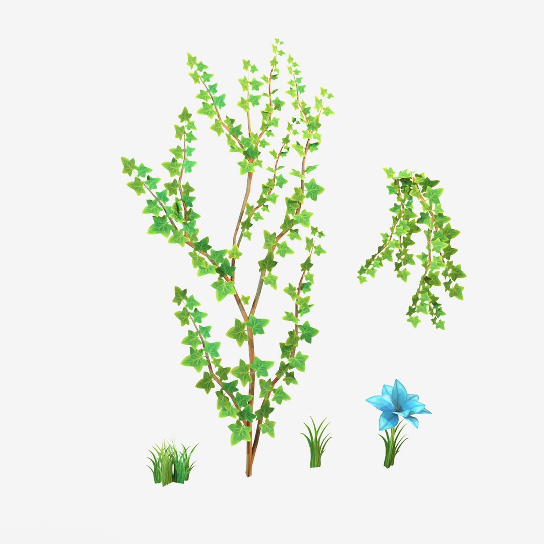 Game asset of stylized lowpoly ivy grass and flower plants Model 3D ...