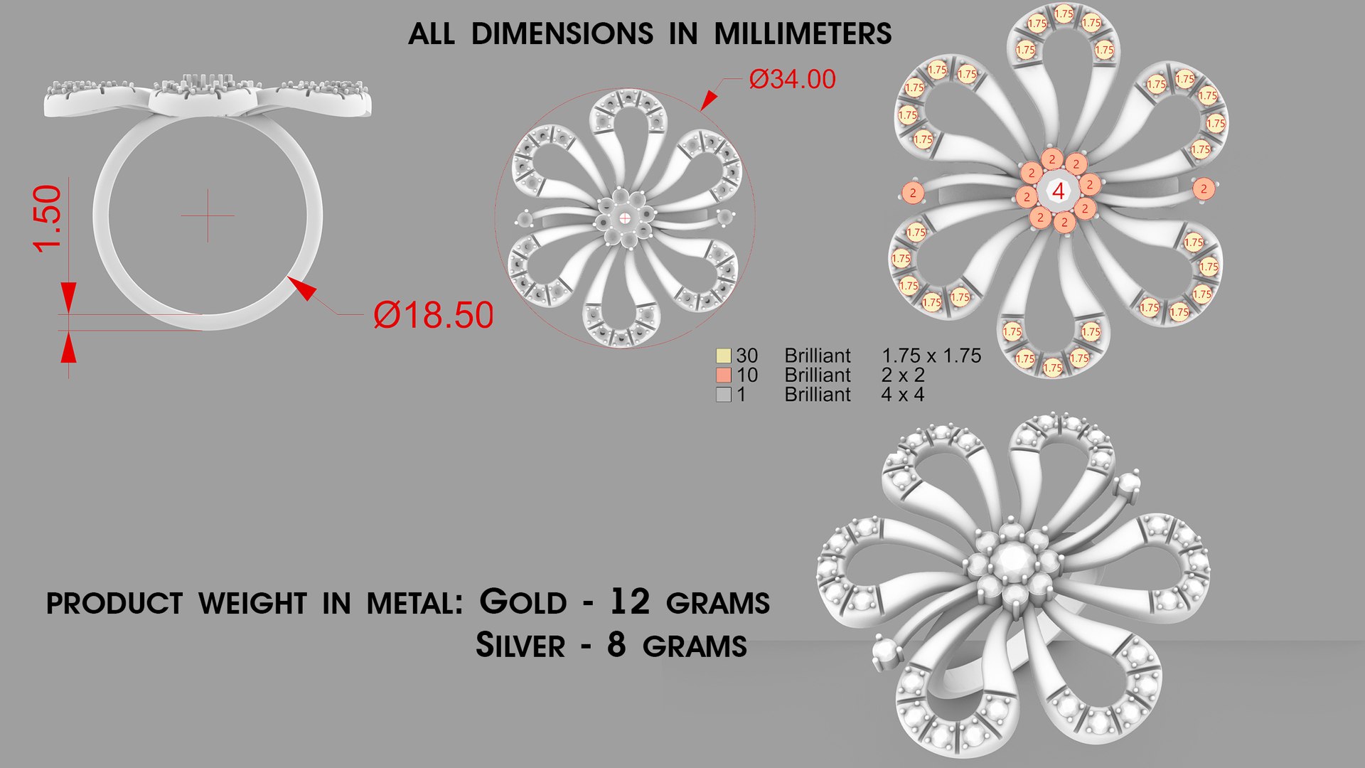 Flower Ring With Stones 3D Model - TurboSquid 1856512