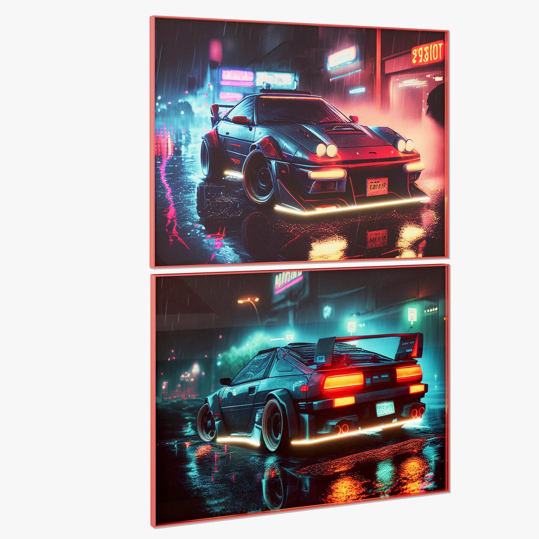 3D Cars Of The Future Posters With Neon Decor Model - TurboSquid 2017737