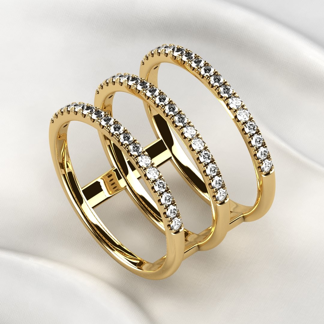 3D Square Prongs Undercut Setting Gems Gold Triple Ring - TurboSquid ...