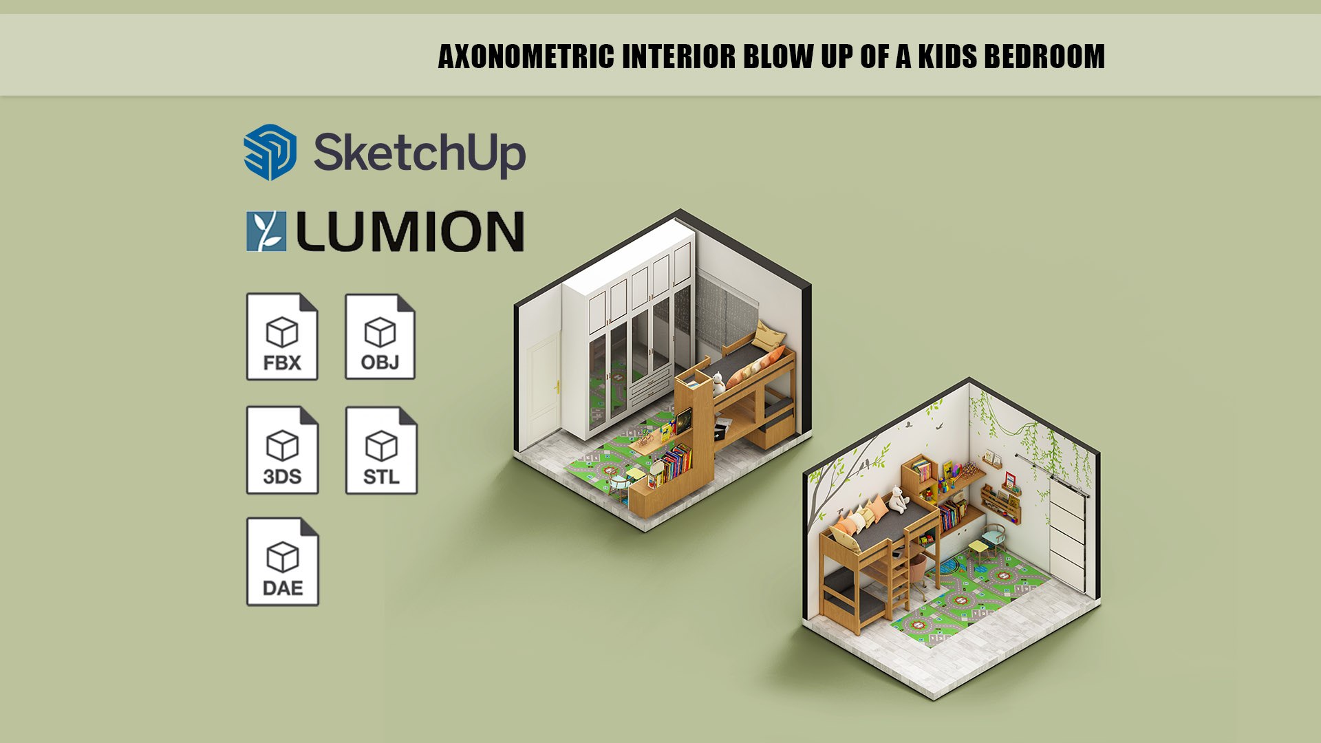 3D Axonometric interior blow up of a kids bedroom - TurboSquid 2023420