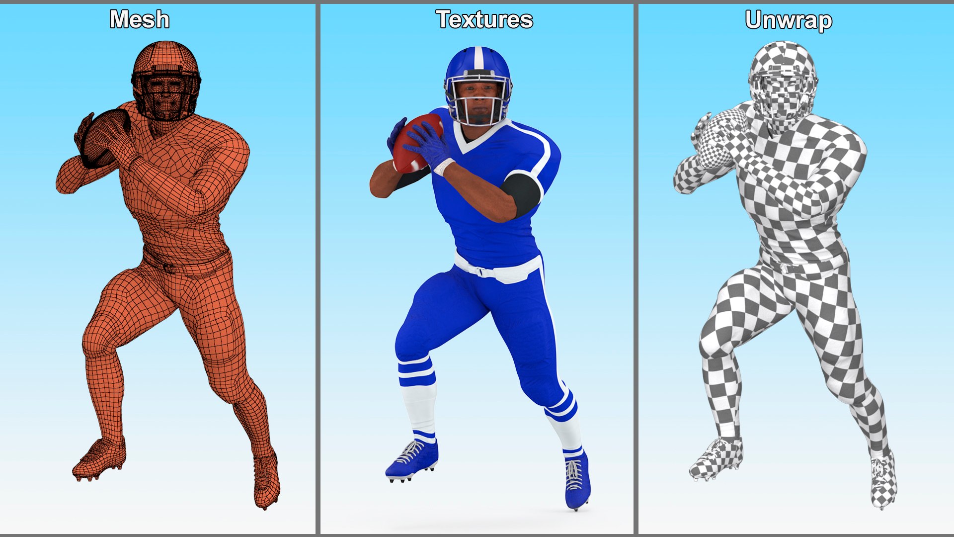 3D Black Man American Football Player Blue Uniform Running The Ball ...