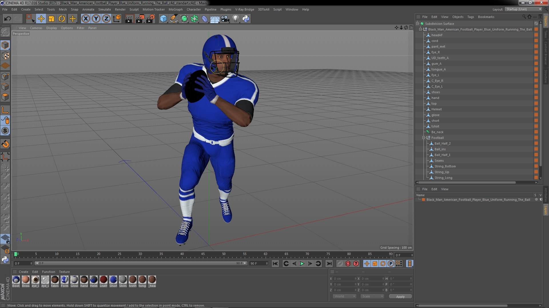 3D Black Man American Football Player Blue Uniform Running The Ball ...