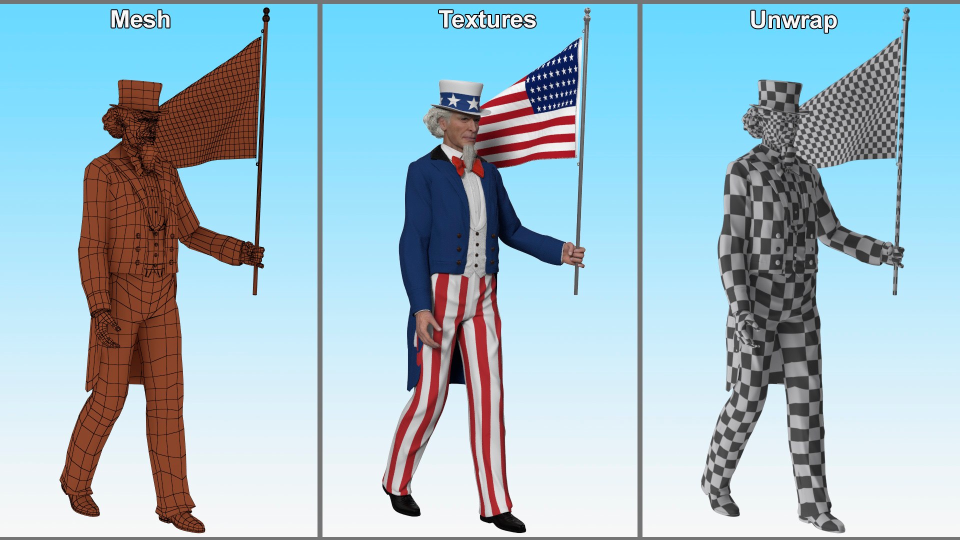 3D Patriotic Uncle Sam Character Holding US Flag Model - TurboSquid 2413814