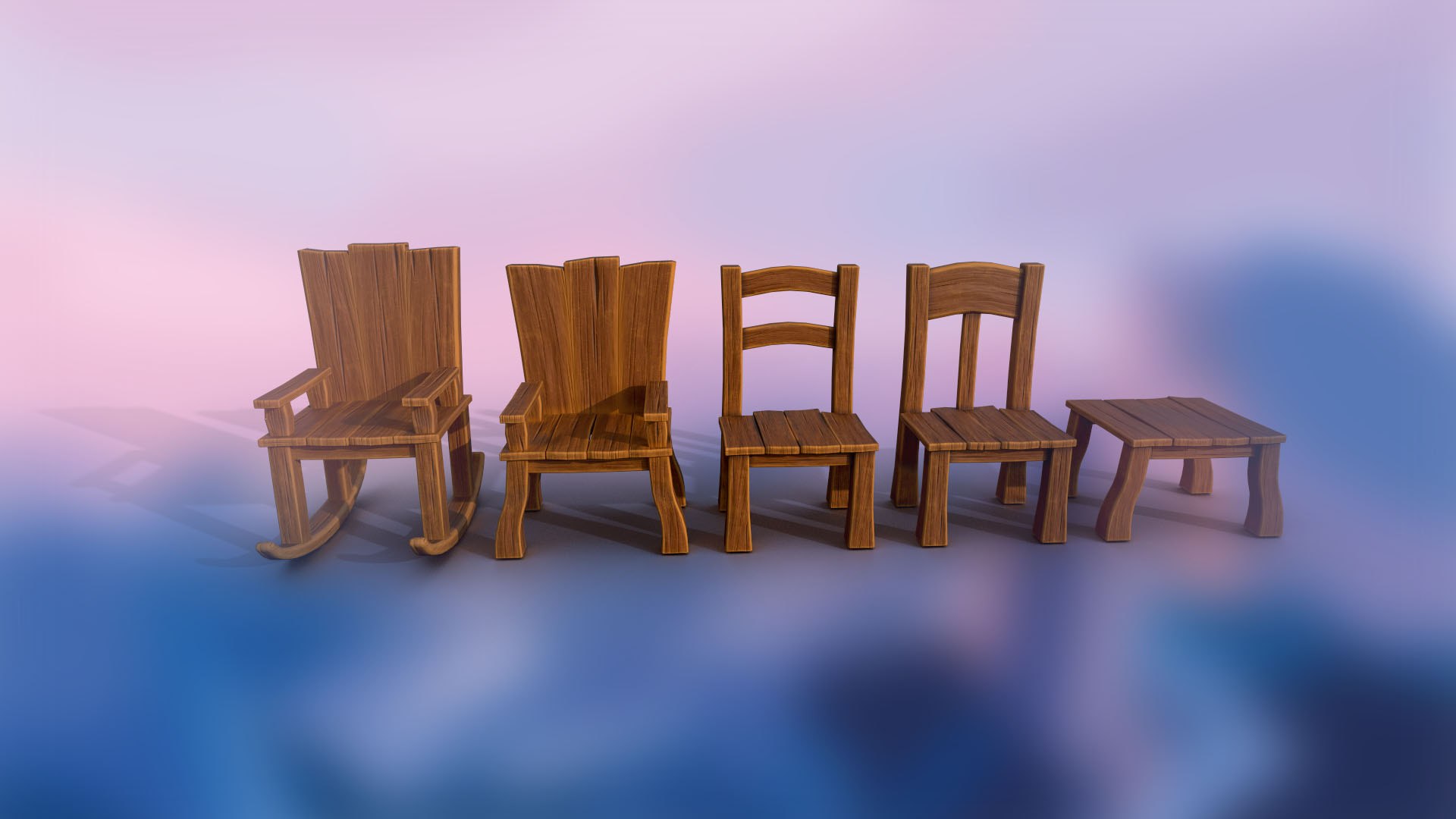 Set Of Stylized Furniture Chair Armchair Bench PBR Game Ready 3D Model - TurboSquid 1990297