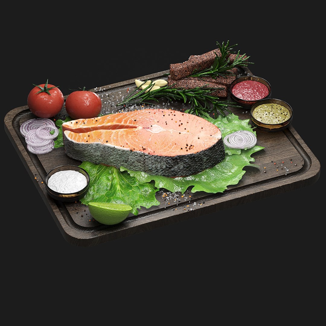 3D Red Fish Steak With Vegetables - TurboSquid 1903409