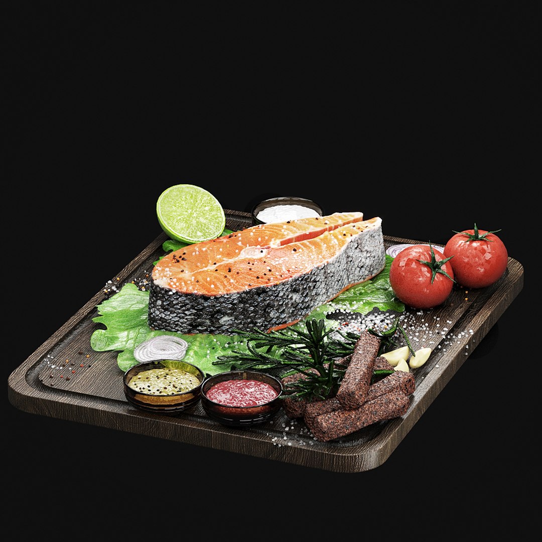 3D Red Fish Steak With Vegetables - TurboSquid 1903409