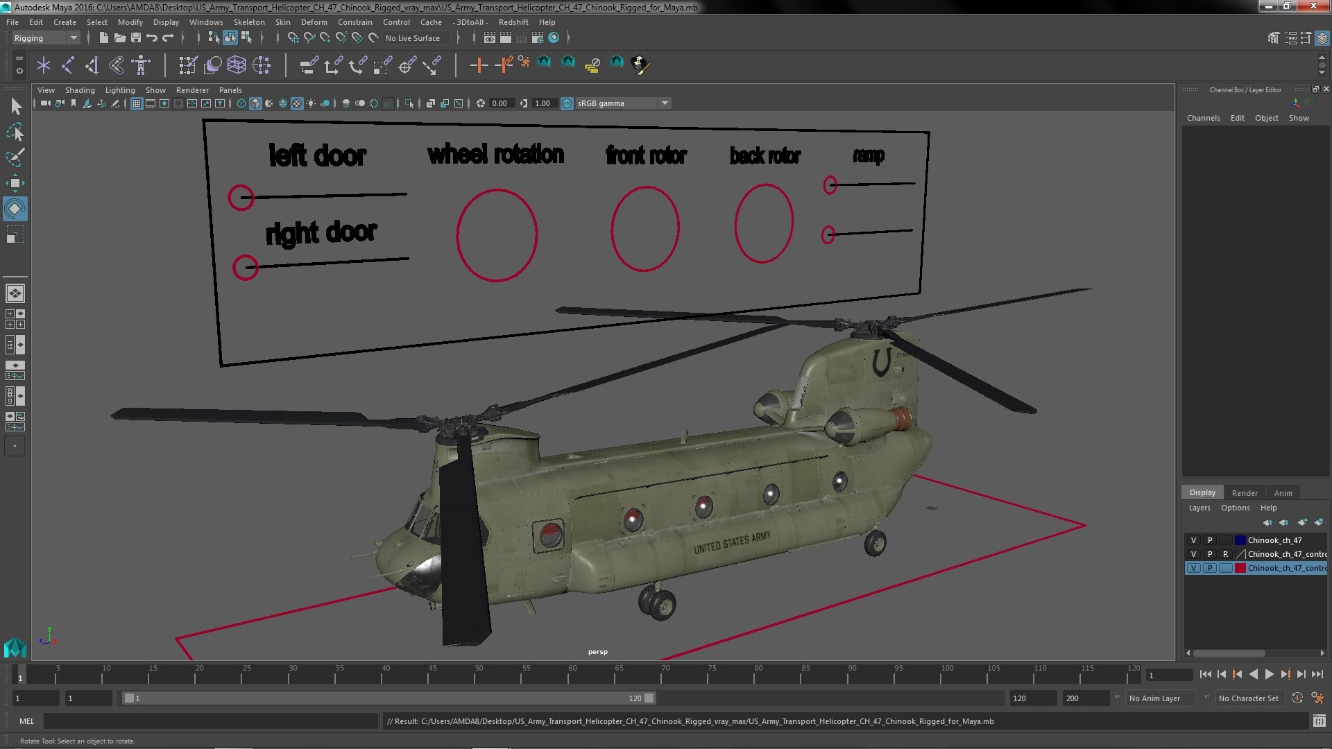 3D US Army Transport Helicopter CH 47 Chinook Rigged for Maya model ...