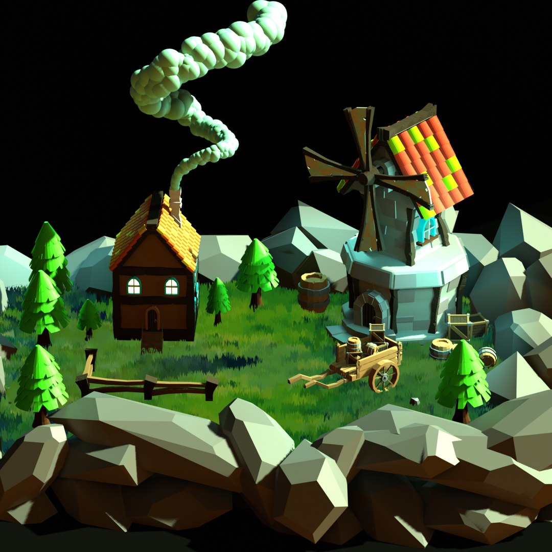 Enchanting Stylized Windmill And Cottage Scene Model - TurboSquid 2282385