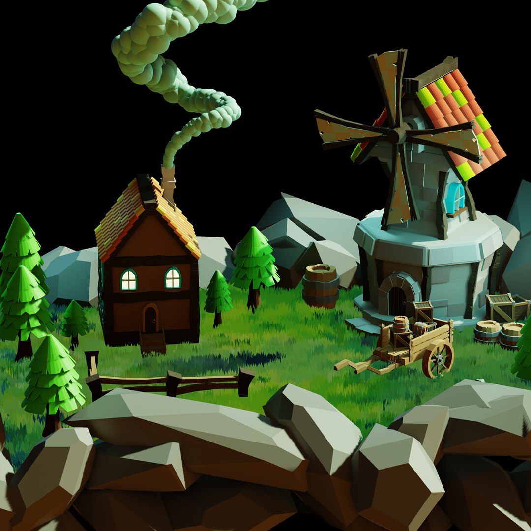 Enchanting Stylized Windmill And Cottage Scene Model - TurboSquid 2282385