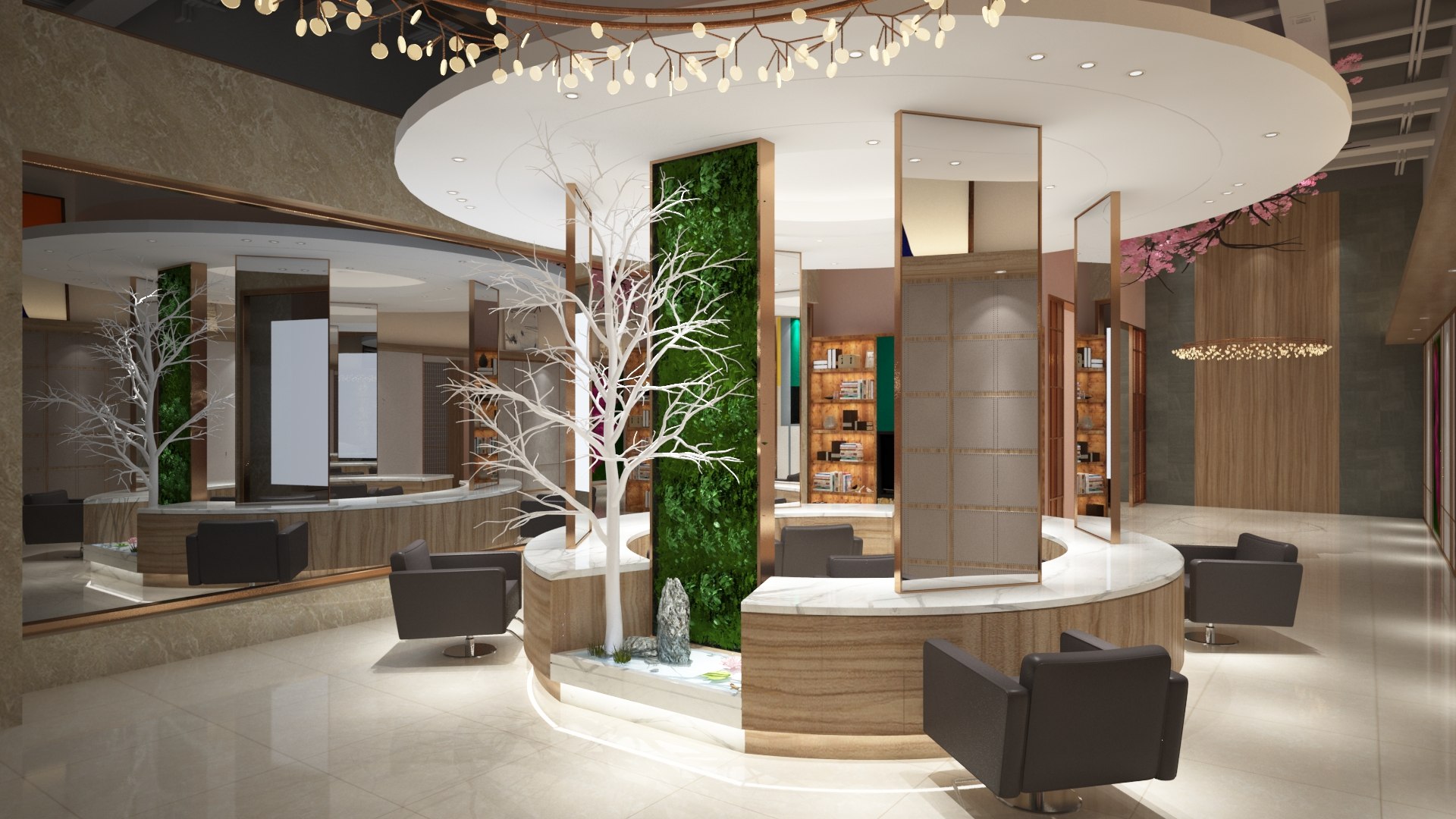 3D Modern Lobby Interior With Artistic Decor And Green Wall ...