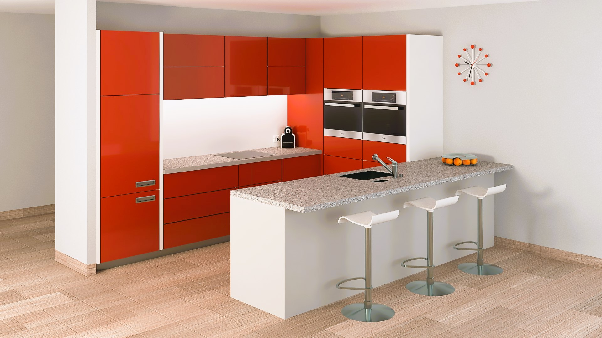 3D red kitchen with a bar - TurboSquid 2049214