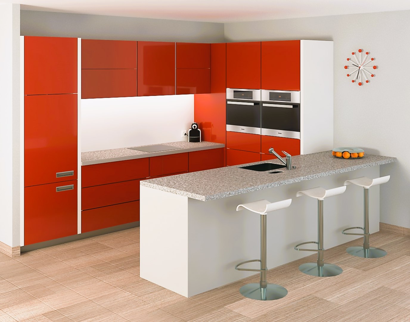 3D red kitchen with a bar - TurboSquid 2049214