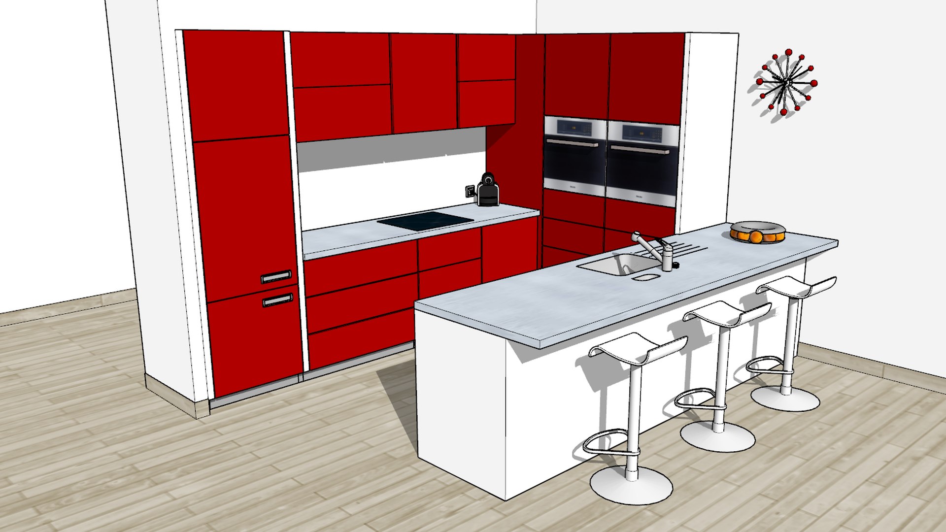 3D red kitchen with a bar - TurboSquid 2049214