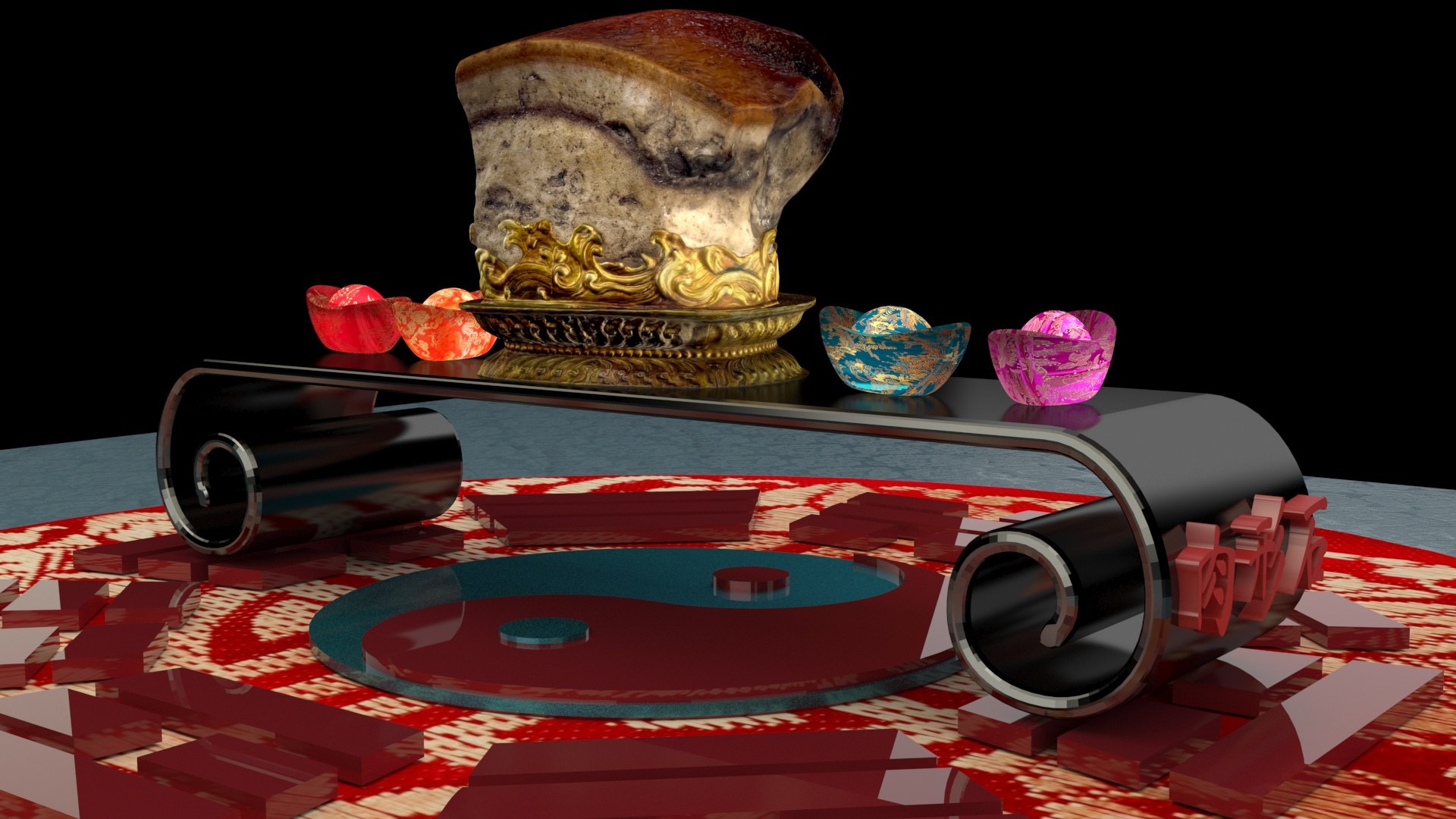 Chinese Meat Shaped Stone And Gold Ingot 3D Model - TurboSquid 2246601