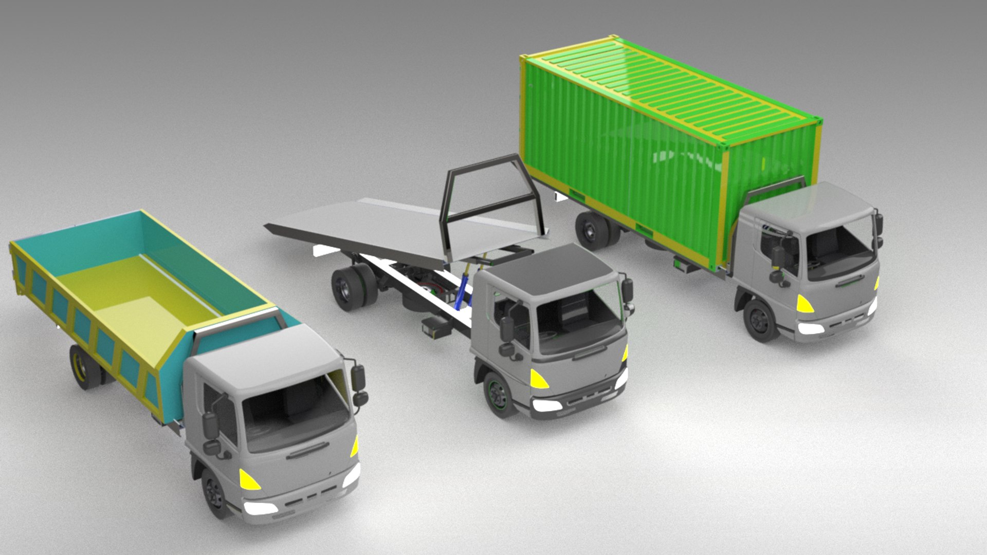 3D 3 Industrial Trucks Dump Flatbed Loader And Container Transport ...