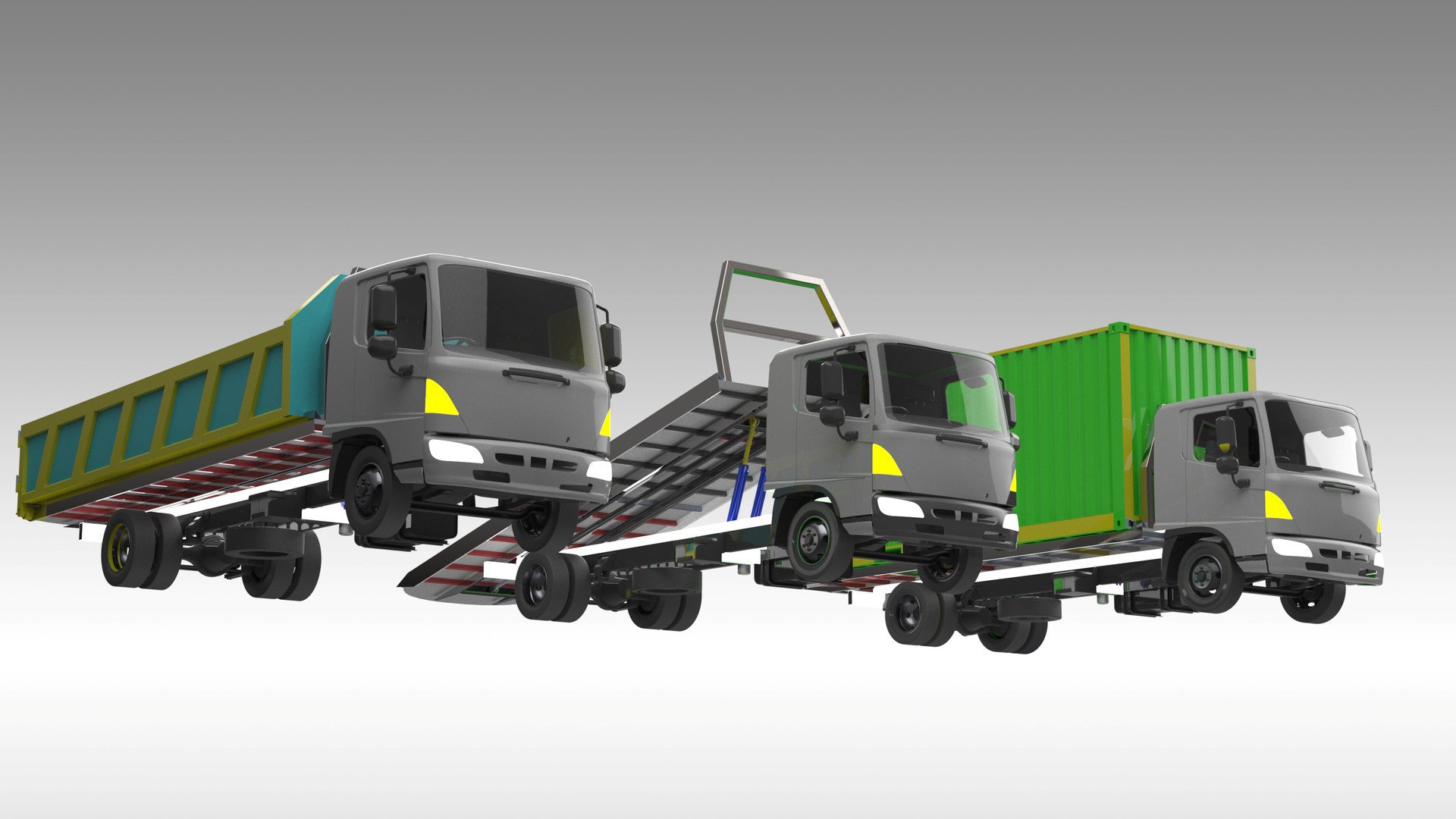 3D 3 Industrial Trucks Dump Flatbed Loader And Container Transport ...