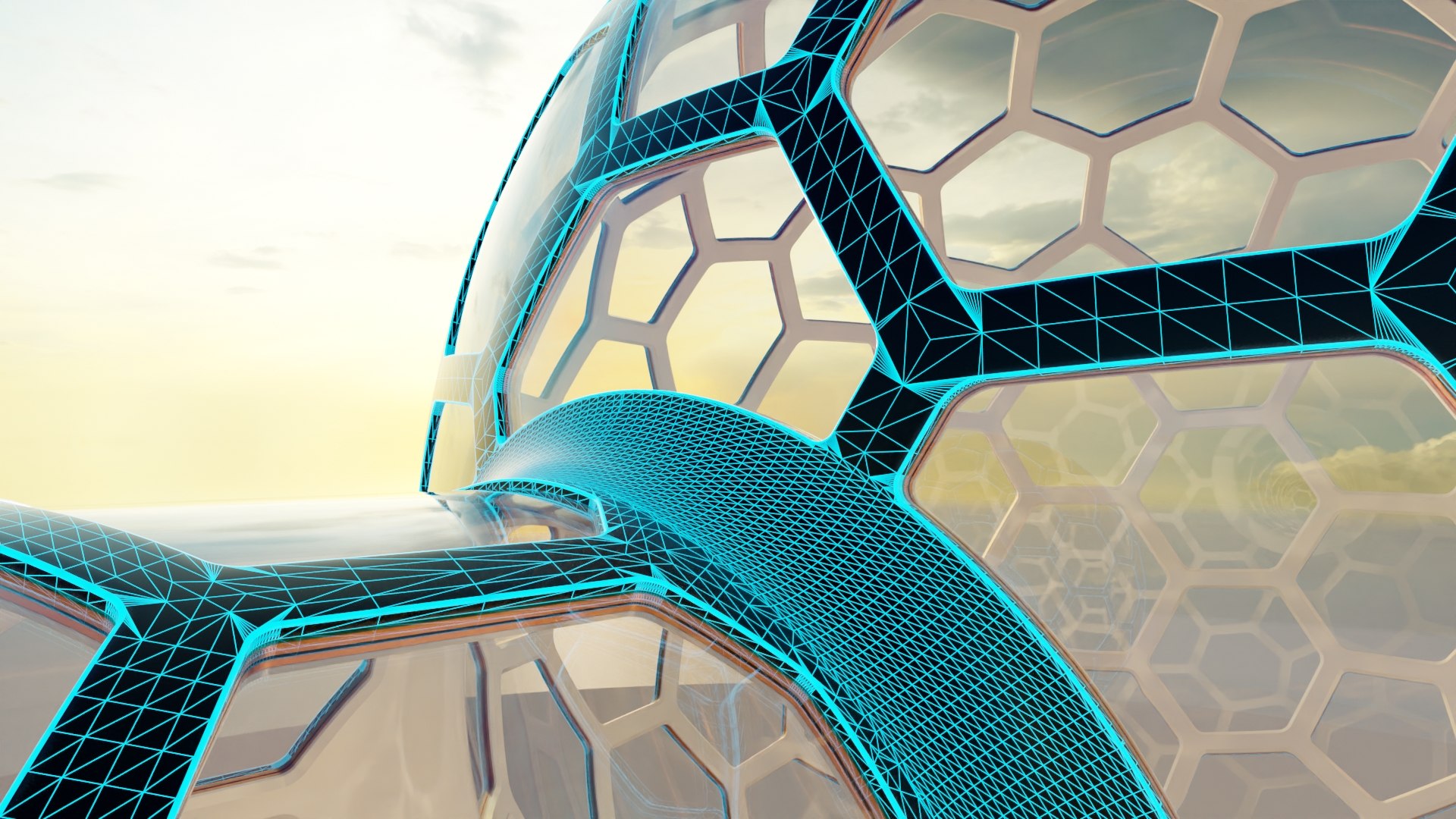 2 Glass Hexagon Sci Fi Spherical Domes With Walkway 3D Model ...