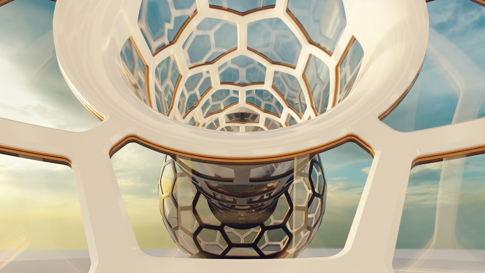 2 Glass Hexagon Sci Fi Spherical Domes With Walkway 3D Model ...