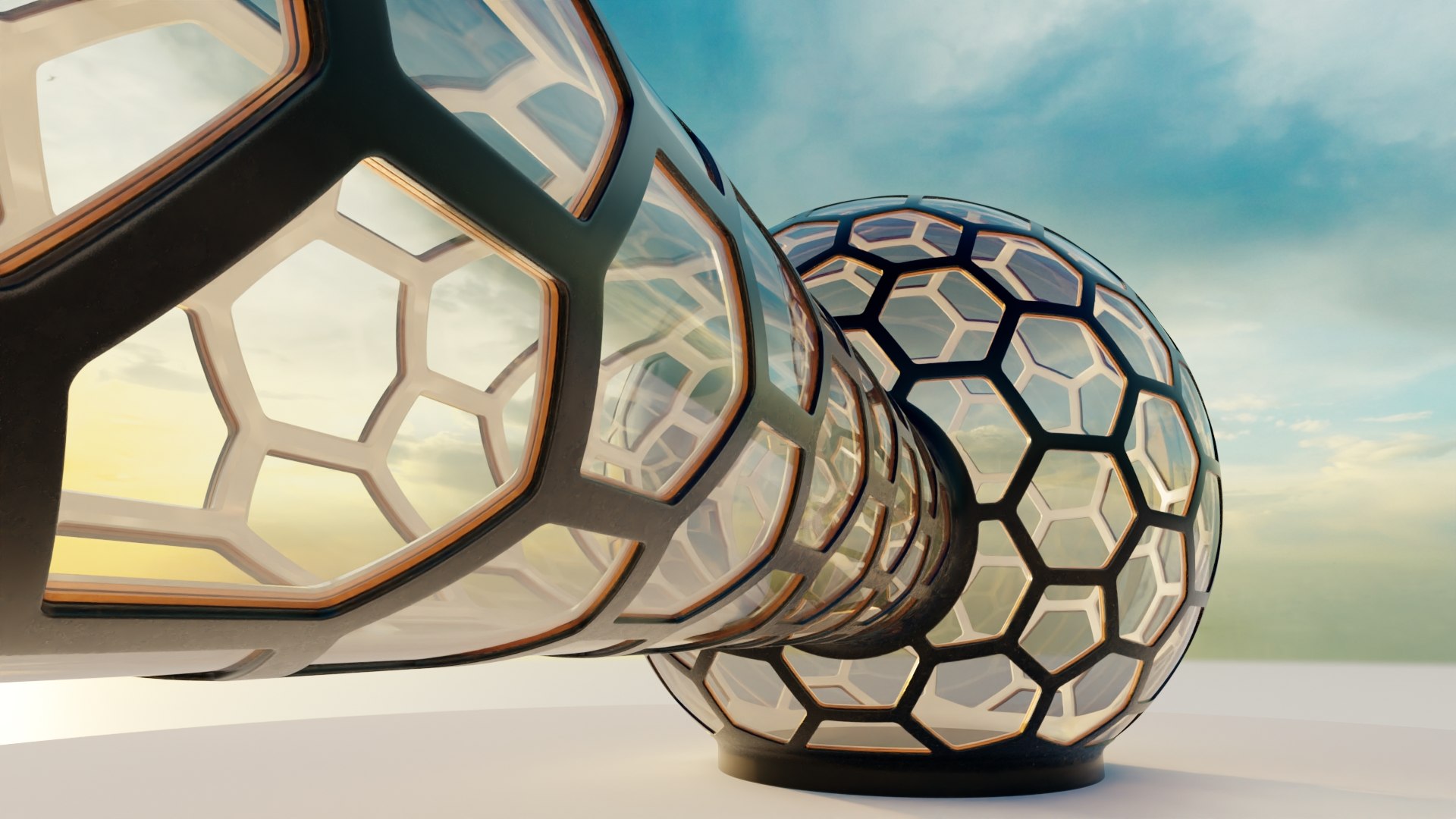 2 Glass Hexagon Sci Fi Spherical Domes With Walkway 3D Model ...