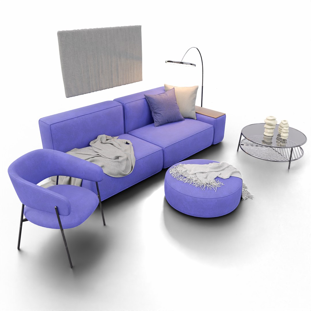 Modern Minimal Living Room Scene With Violet Sofa And Metallic Accents ...