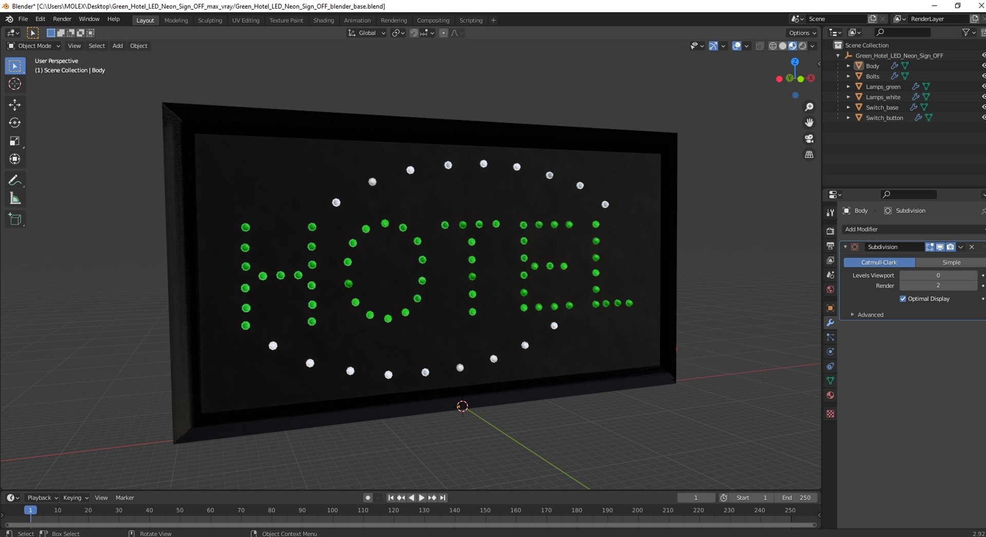 3D Model Green Hotel LED Neon Sign OFF - TurboSquid 2110954