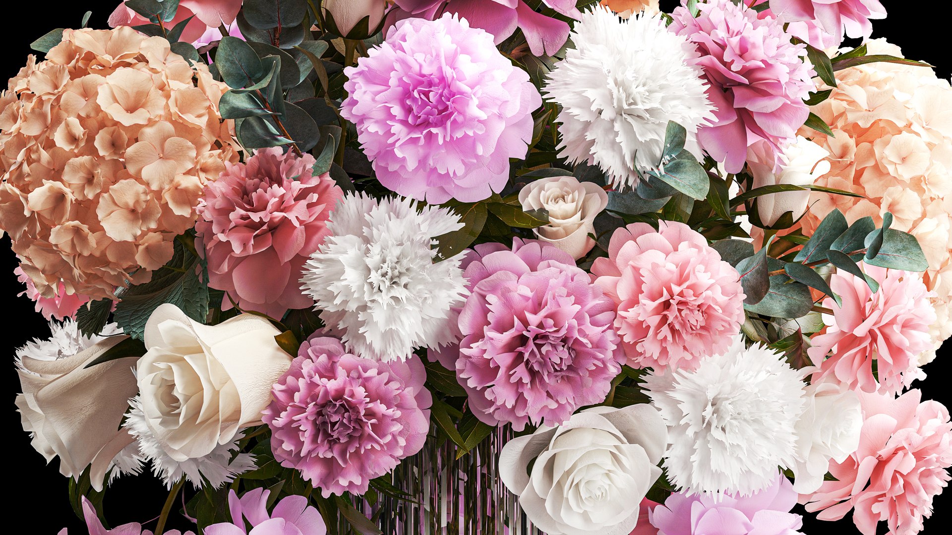 Beautiful Bouquet In Glass Vase Rose Peonies Hydrangea 297 3D Model ...