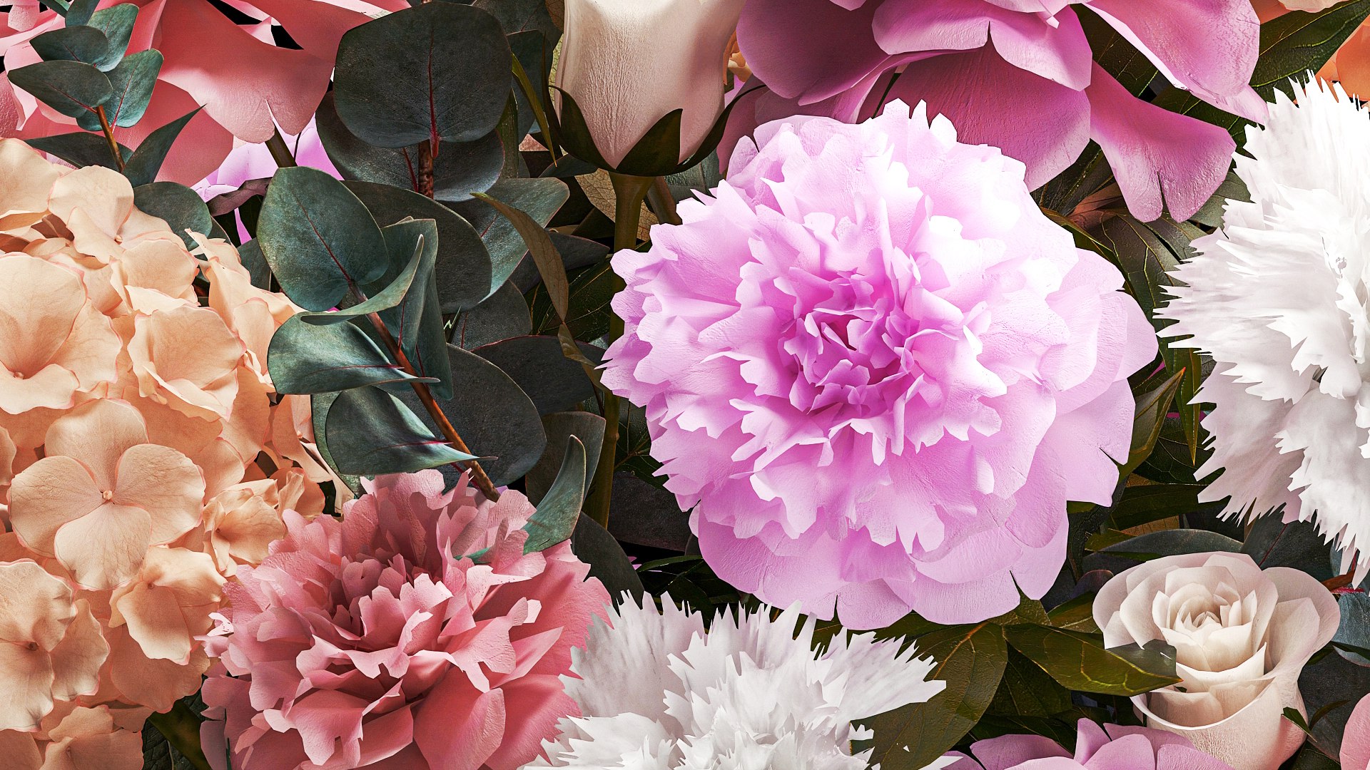 Beautiful Bouquet In Glass Vase Rose Peonies Hydrangea 297 3D Model ...