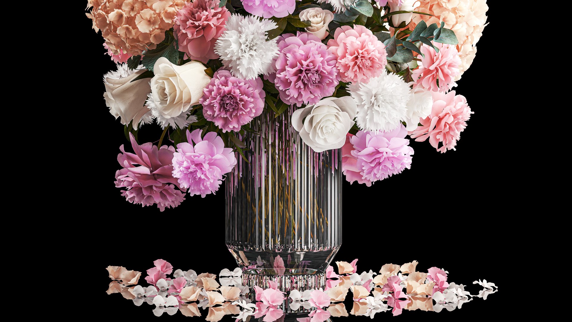 Beautiful Bouquet In Glass Vase Rose Peonies Hydrangea 297 3D Model ...