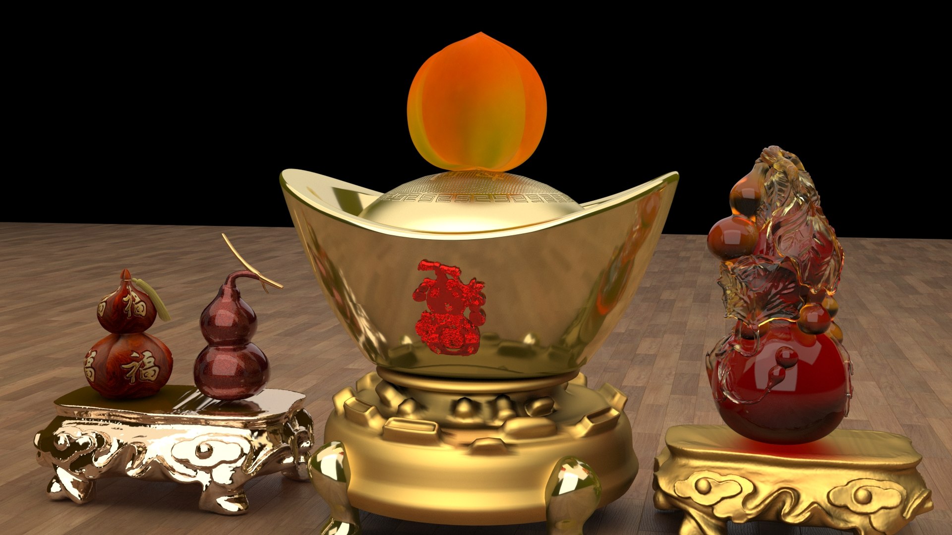 3D Model Chinese Gold Ingot And Gourd - TurboSquid 2206031