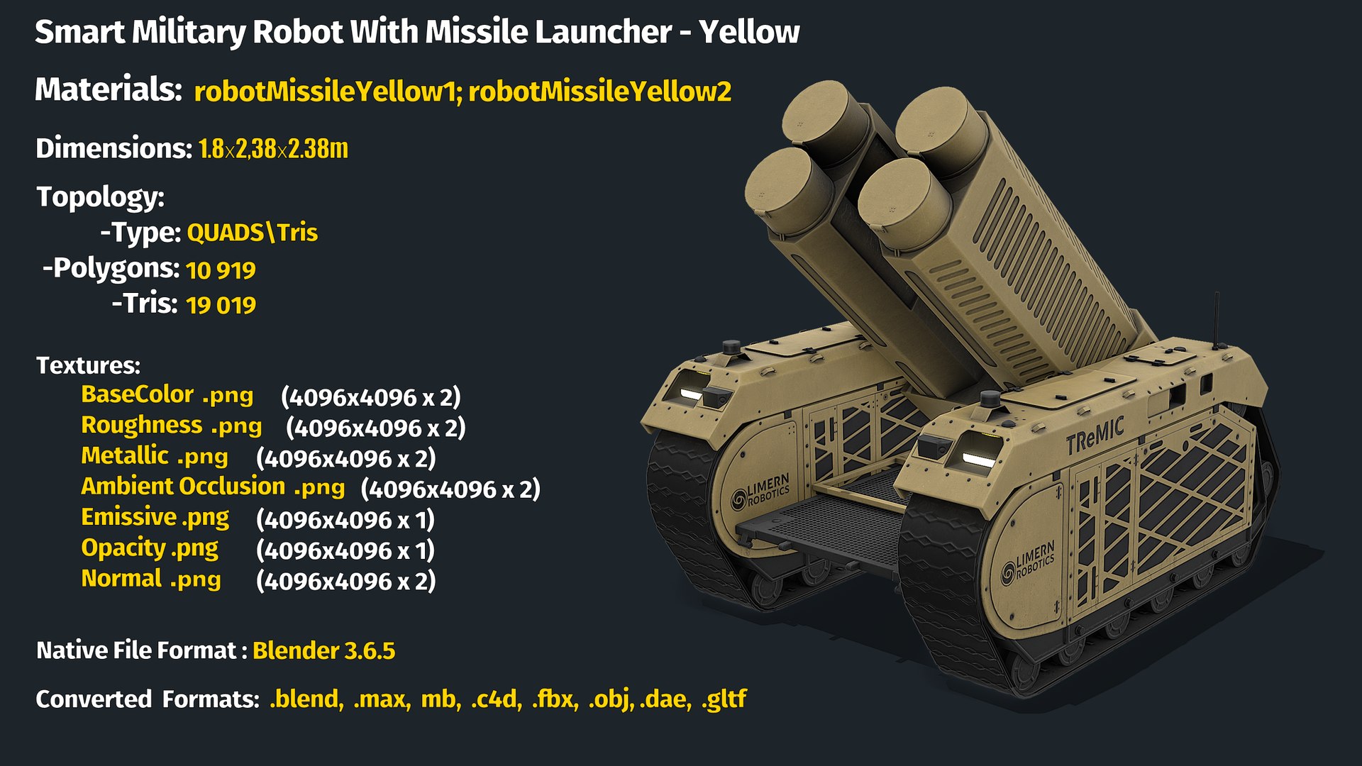 Smart Military Robot With Missile Launcher - Yellow 3D Model ...