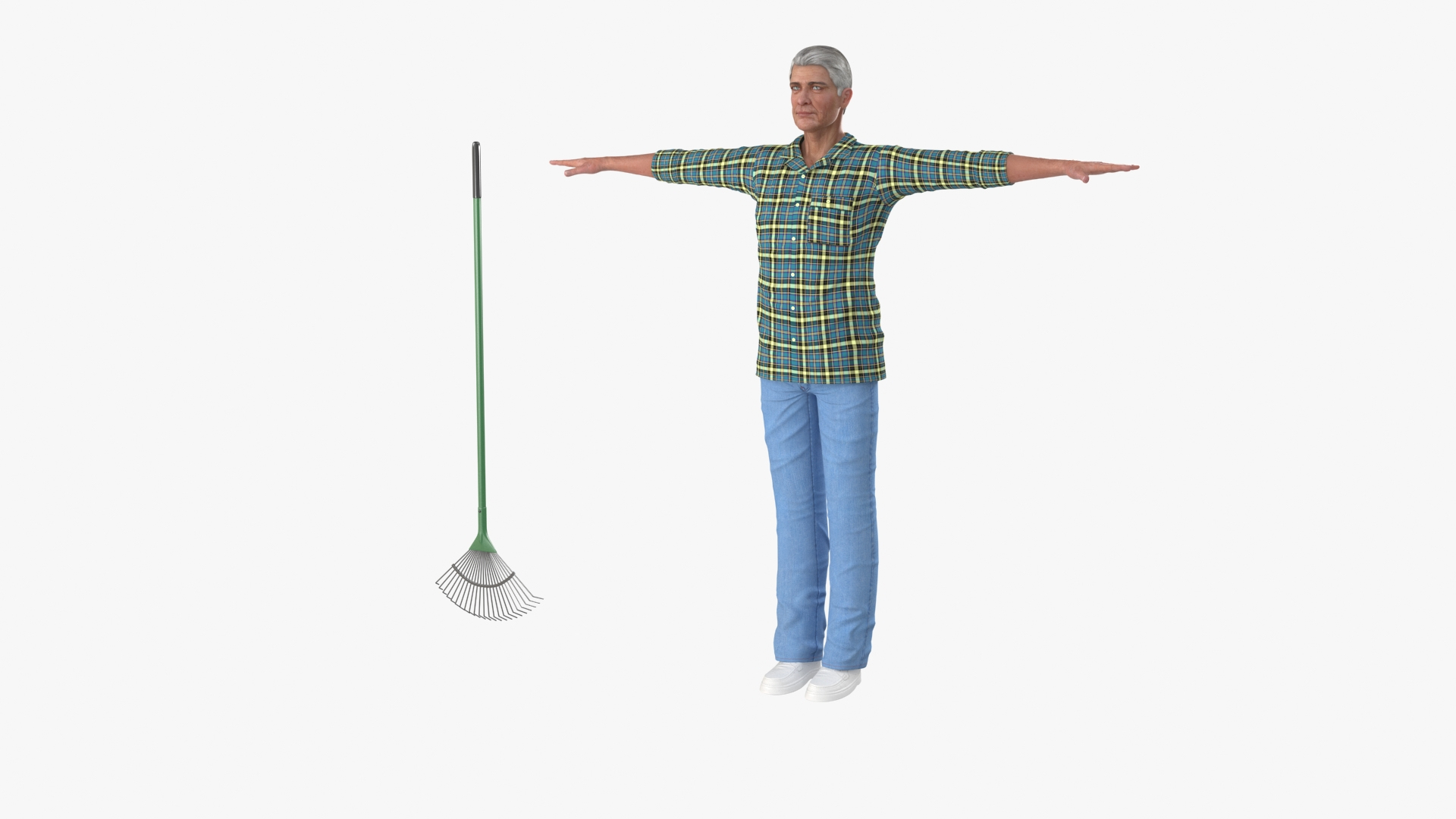 Grey-Haired Man In Plaid Shirt With Rake Rigged For Maya 3D ...