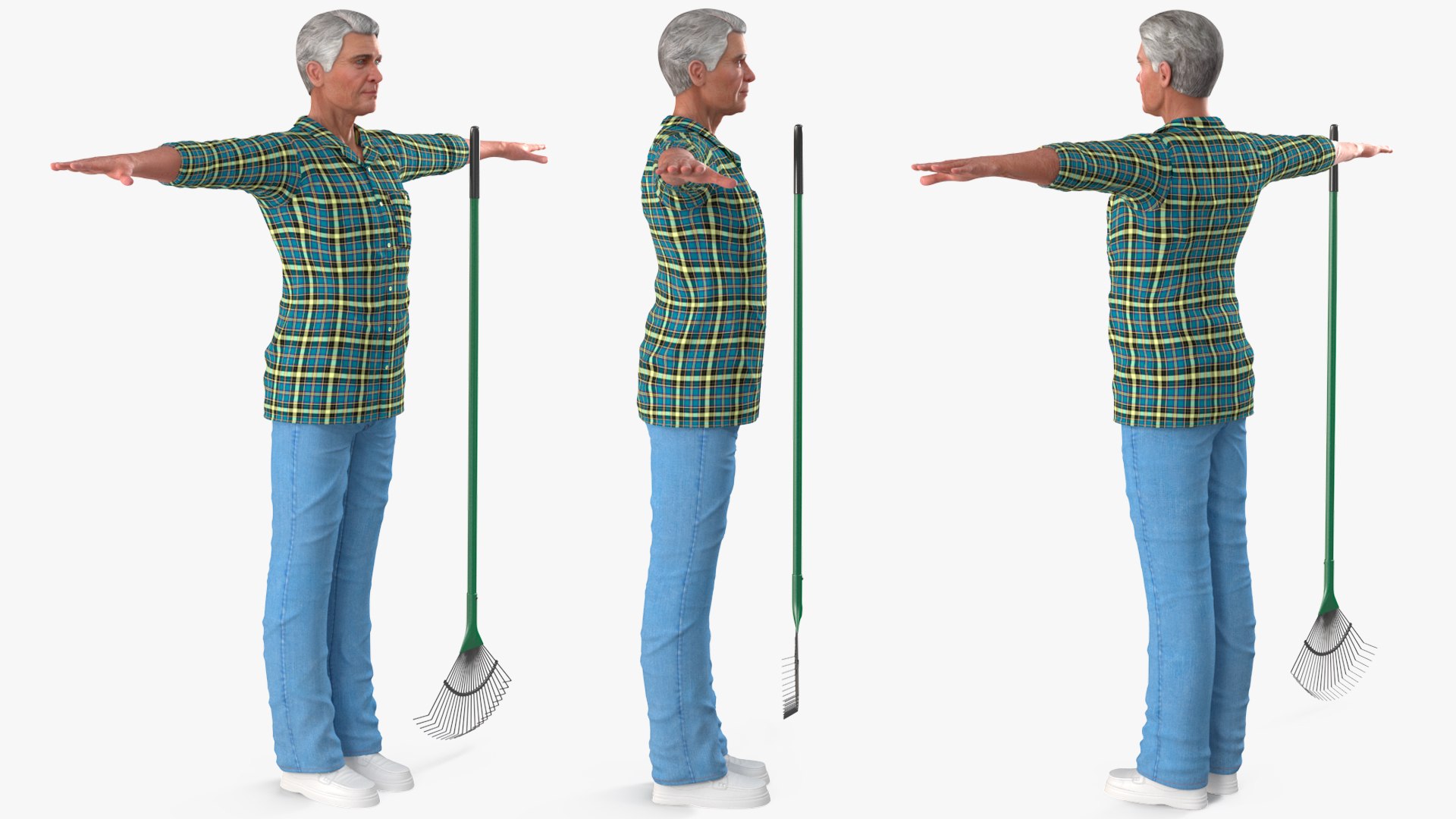 Grey-Haired Man In Plaid Shirt With Rake Rigged For Maya 3D ...