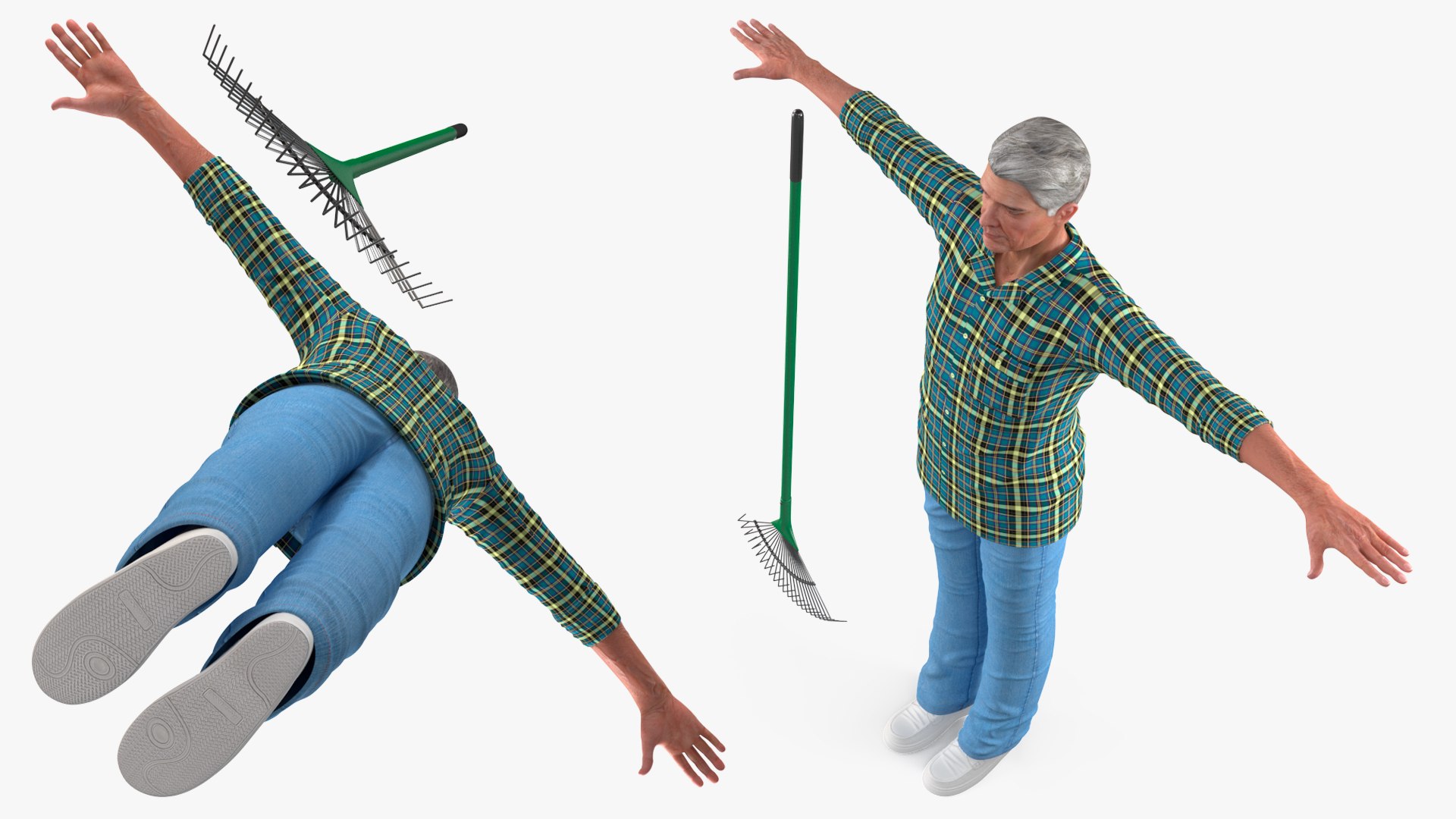 Grey-Haired Man In Plaid Shirt With Rake Rigged For Maya 3D ...