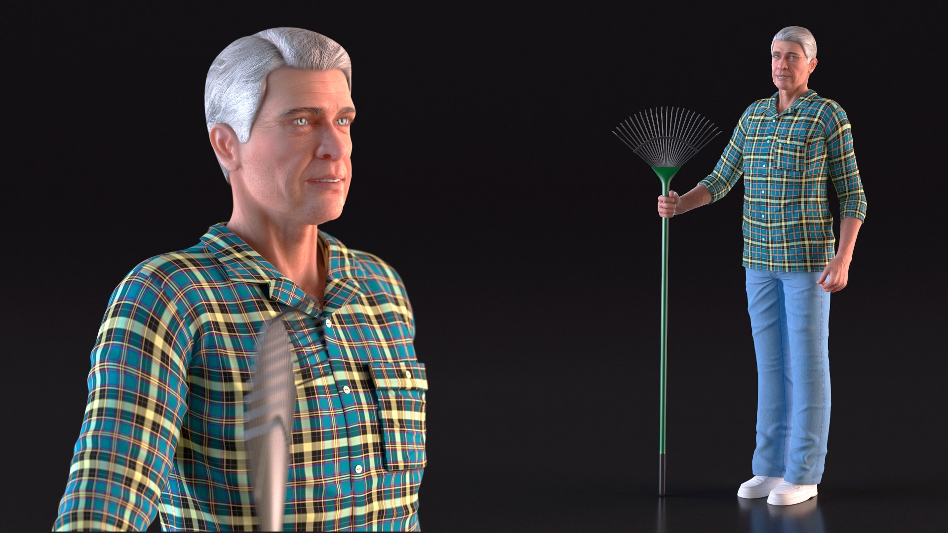 Grey-Haired Man In Plaid Shirt With Rake Rigged For Maya 3D ...