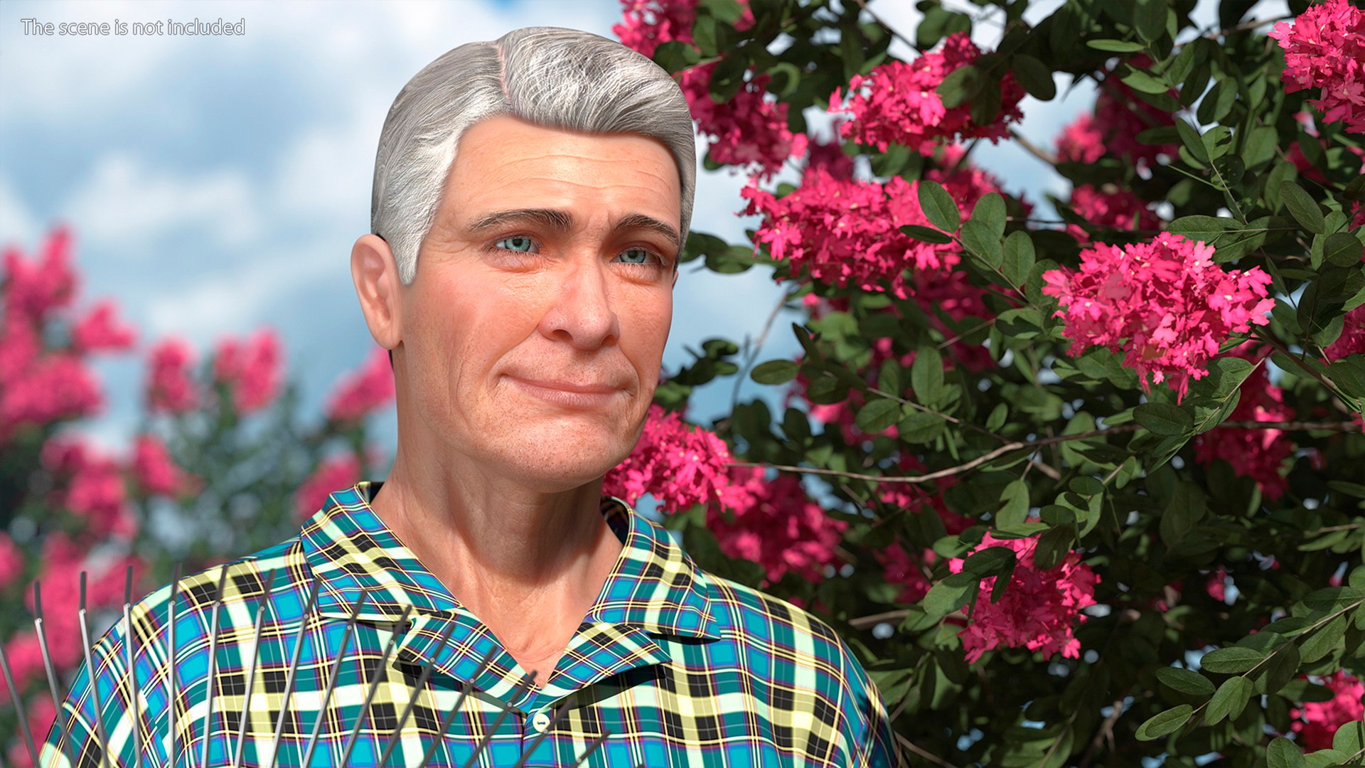 Grey-Haired Man In Plaid Shirt With Rake Rigged For Maya 3D ...
