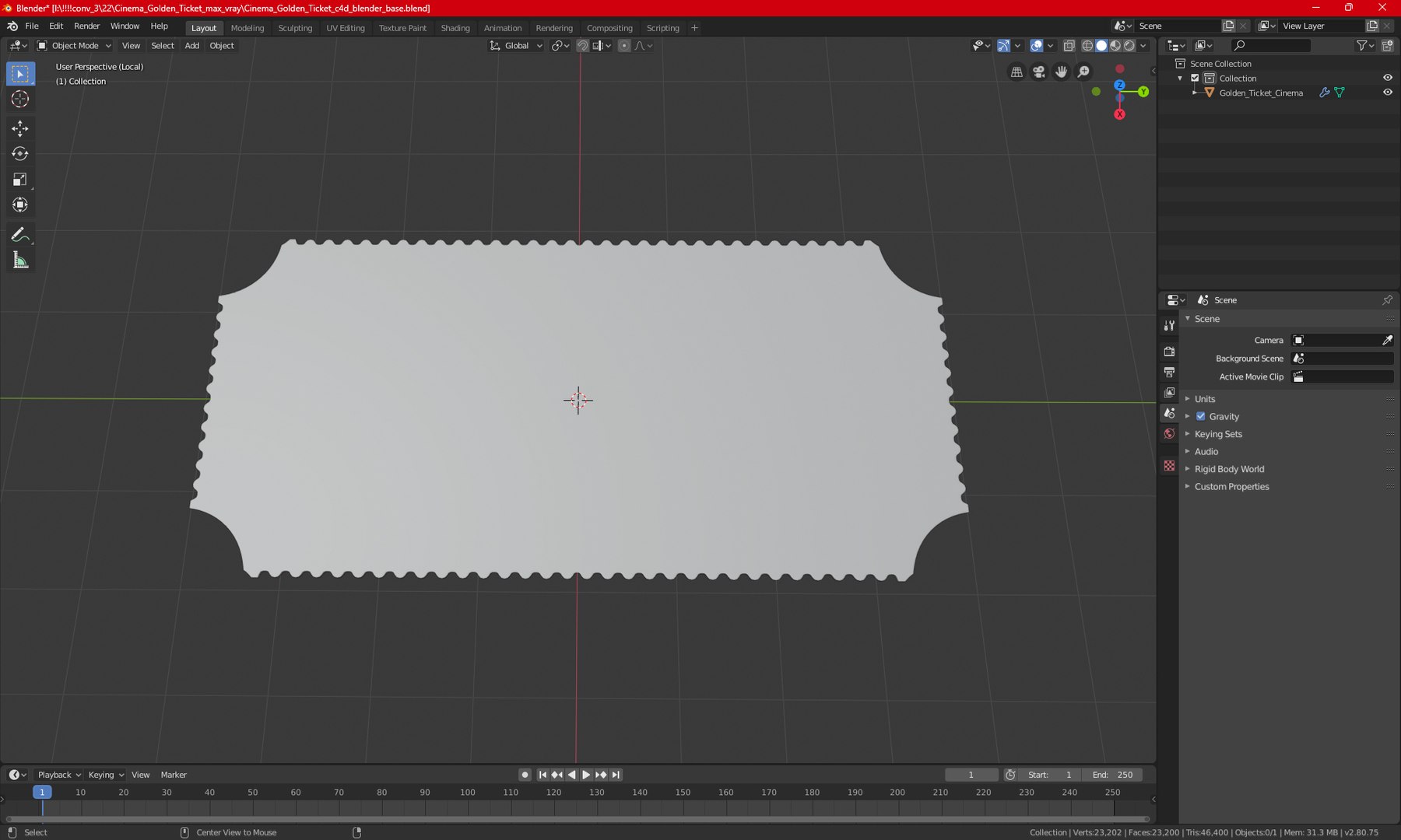 3D Cinema Golden Ticket - TurboSquid 2238378