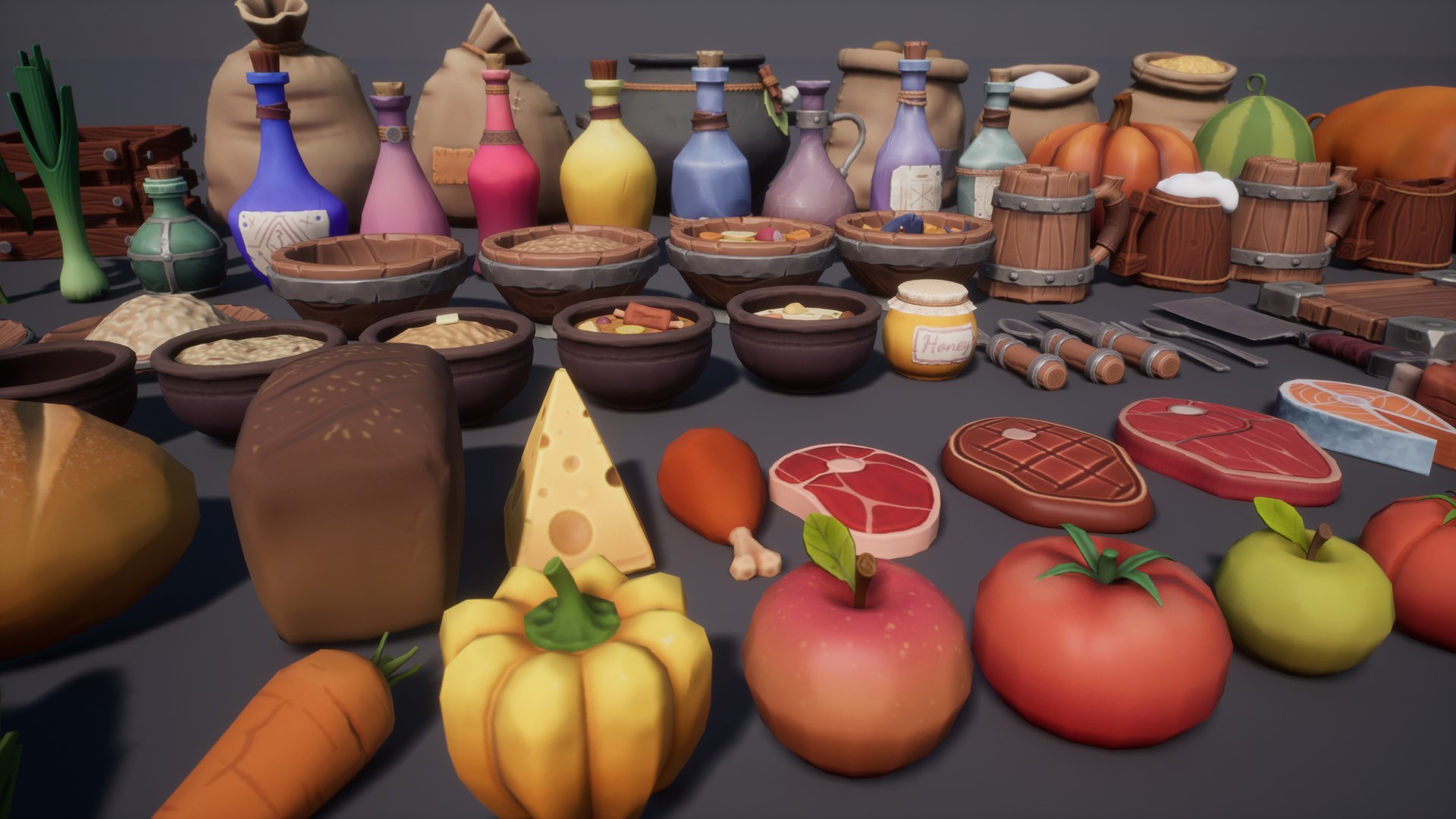 3D Stylized Food 3D Pack With Meat Fruits Vegetables Dishes Model ...