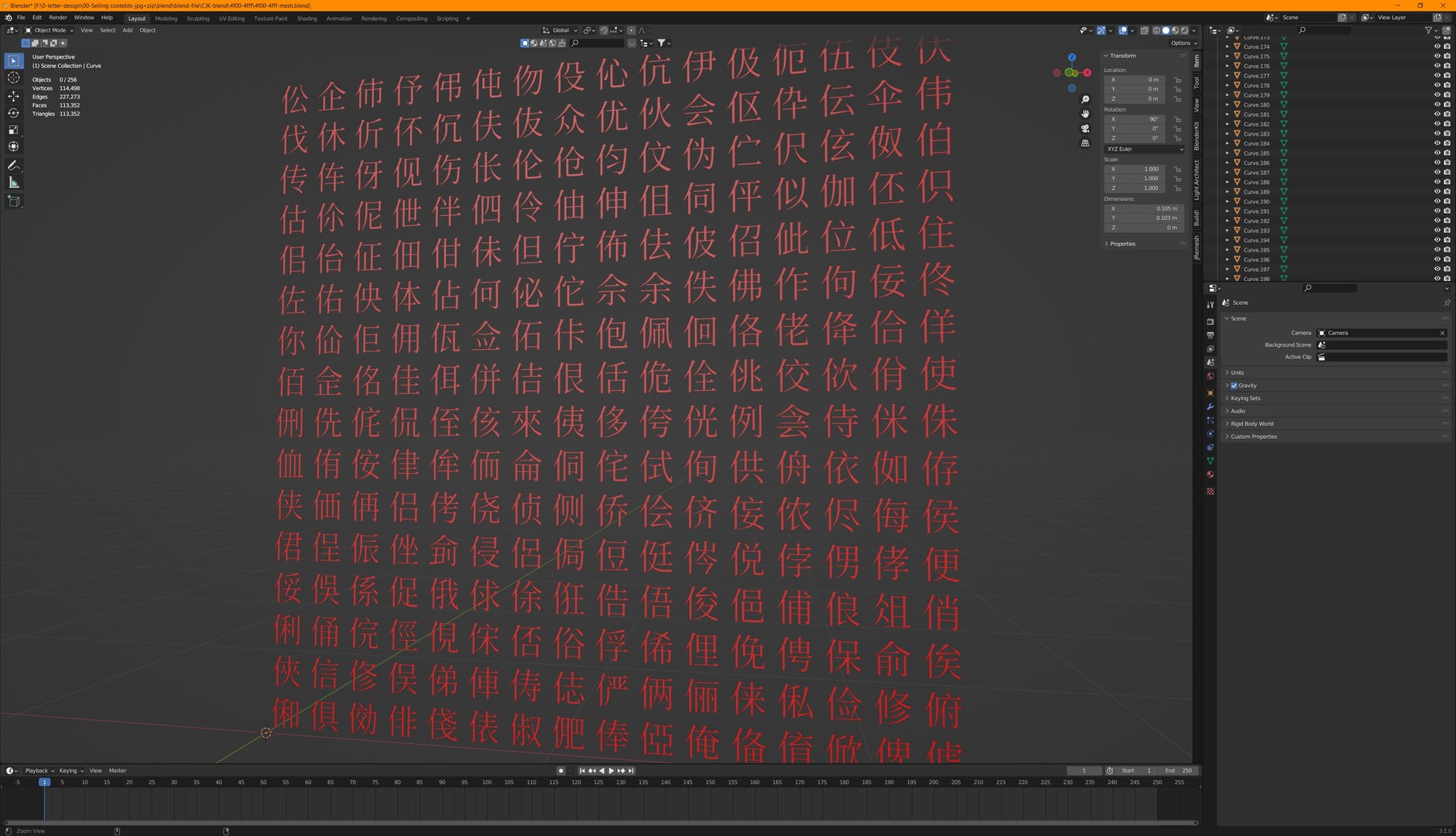 CJK Unicode 4f00-4fff 256 Letters Mesh For Blender 3D Model Model ...