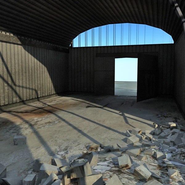 3d ruined warehouse interior model